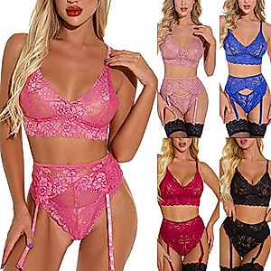 wodceeke Sexy Sling Lace Split Plus Size Lingerie For Women perspective Hollow Embroidered Pajamas Shapewear With Garter (Blue, M)