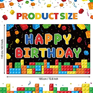 Panelee Building Block Birthday Banner Building Blocks Party Backdrop Building Blocks Birthday Party Decoration Happy Birthday Banner Photography Background for Kids Party Supplies, 72.8 x 43.3 Inch