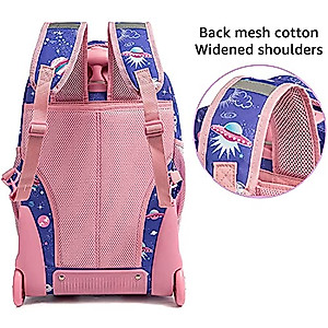 Kids Rolling Backpack for Girls, 18 Inch Wheeled Trolley School Backpack with Lunch Bag Pencil Case, 3 IN 1 Bookbag Set School Kids Trolley Travel Trip Luggage (Purple)