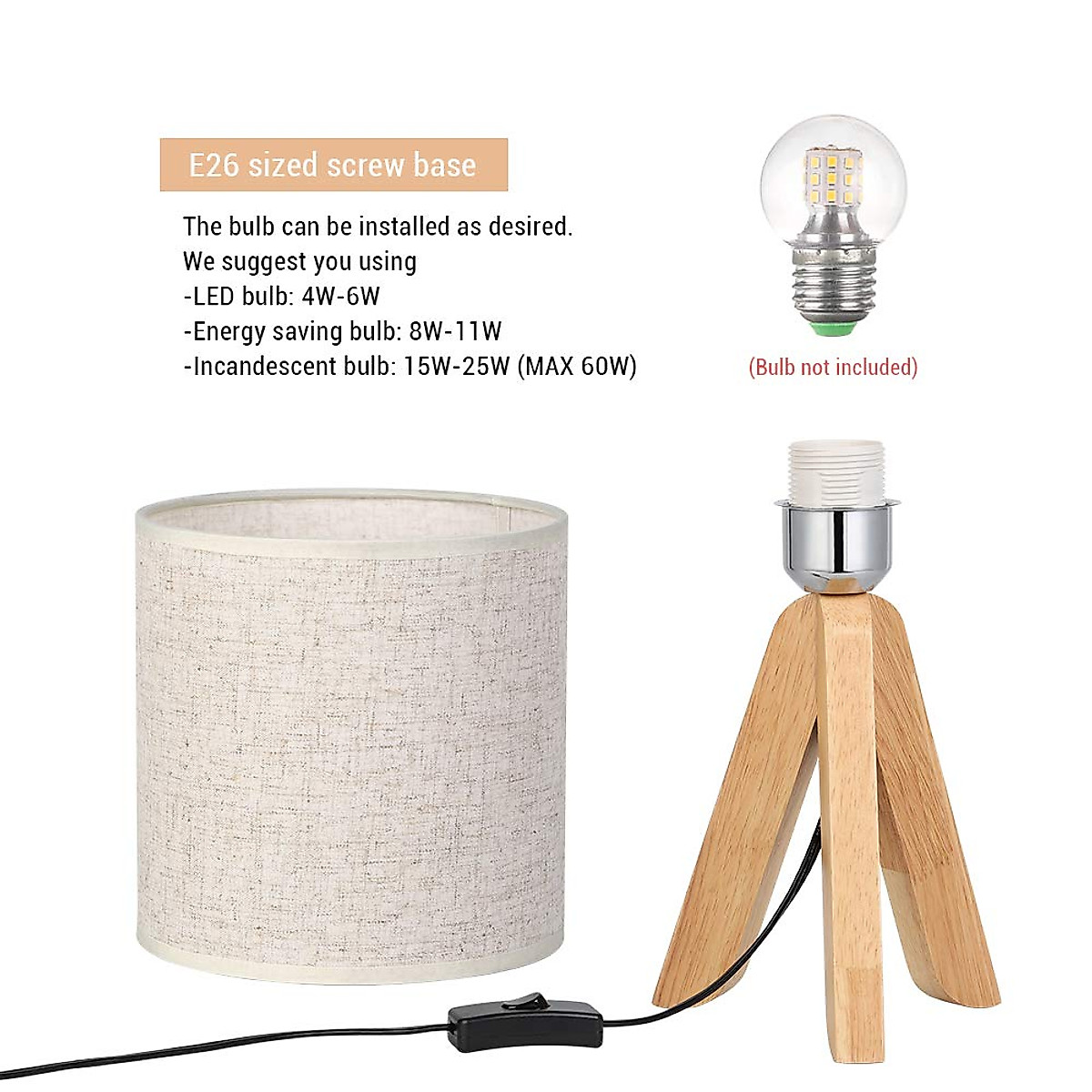 HAITRAL Small Bedside Table Lamp - Wooden Tripod Nightstand Lamp for Bedroom, Living Room, Office, Home with Fabric Linen Shade - 13.4 Inches (Without Bulb)