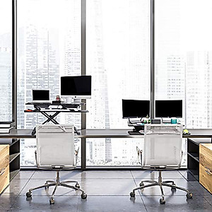Flexpro Hero 37 Inch Standing Desk | 2 Level Standing Desk Converter with Keyboard Shelf and Monitor Riser | Large Dual Level Sit to Stand Workspace | Easily Sit or Stand in Seconds! (Black / 37")