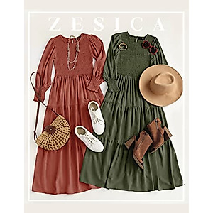 ZESICA Women's 2023 Casual Long Sleeve Crew Neck High Waist Smocked Flowy Tiered Midi Dress,Rust,Medium