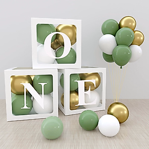 ONE Boxes for 1st Birthday Boy Decorations,30PCS Green Gold White Balloons and ONE Letters for First Birthday Decorations One Blocks for Boy Girl Baby Shower,Photo Shoot Prop,Table Centerpiece