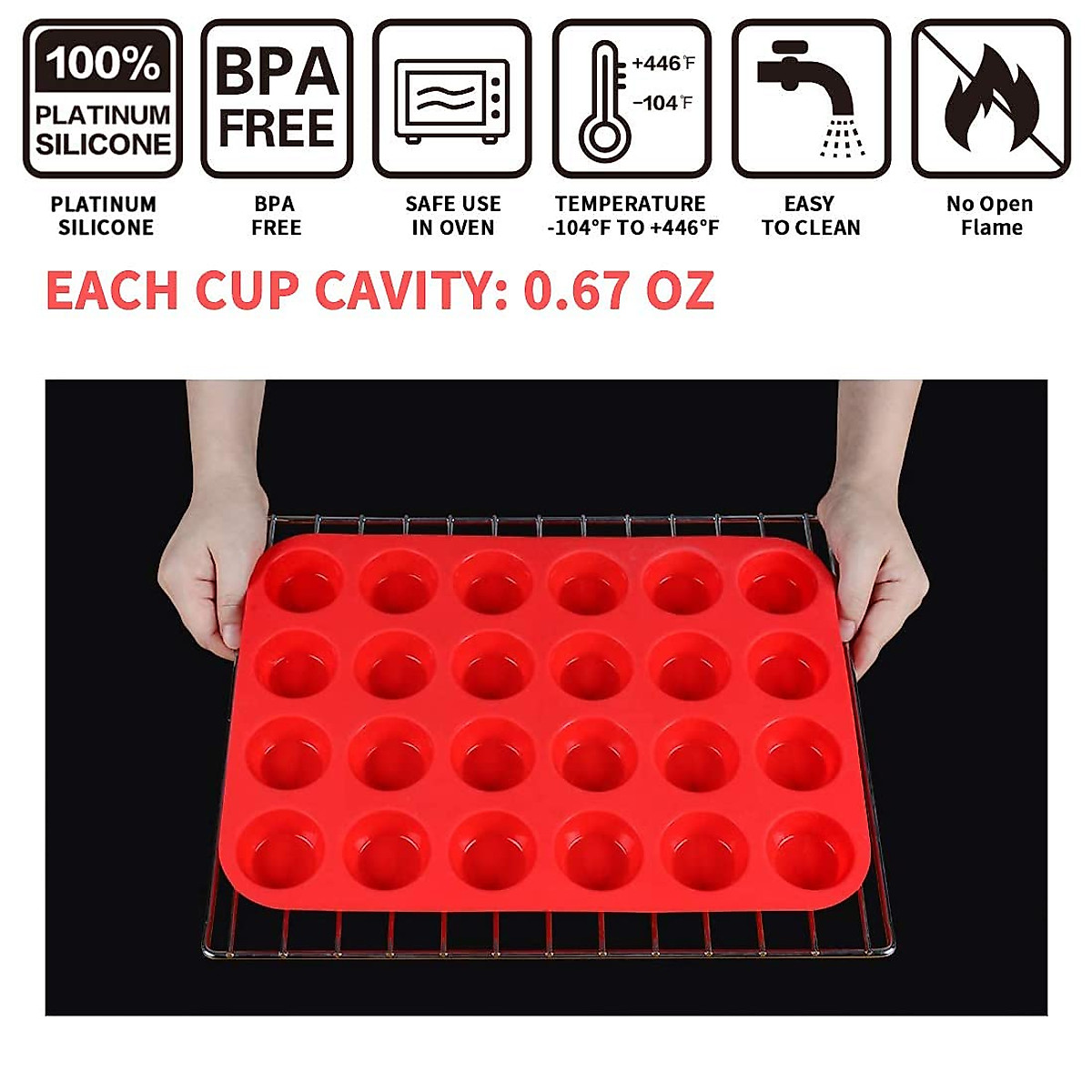 Mini Muffin &Cupcake Set, 24 Cups 2-Pieces, Nonstick Silicone Baking Pan, BPA Free and Dishwasher Safe, Great for Making Muffin Cakes, Tart, Bread (24 Cups Red,2 PCS)
