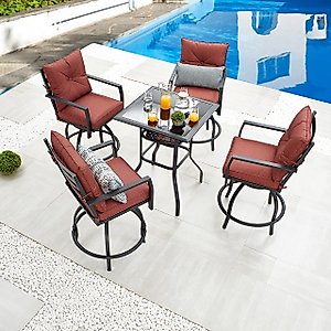 LOKATSE HOME 5 Pieces Outdoor Bistro Set Patio Swivel Metal Furniture Bar Height Dining Chairs with Cushion & Table, Red