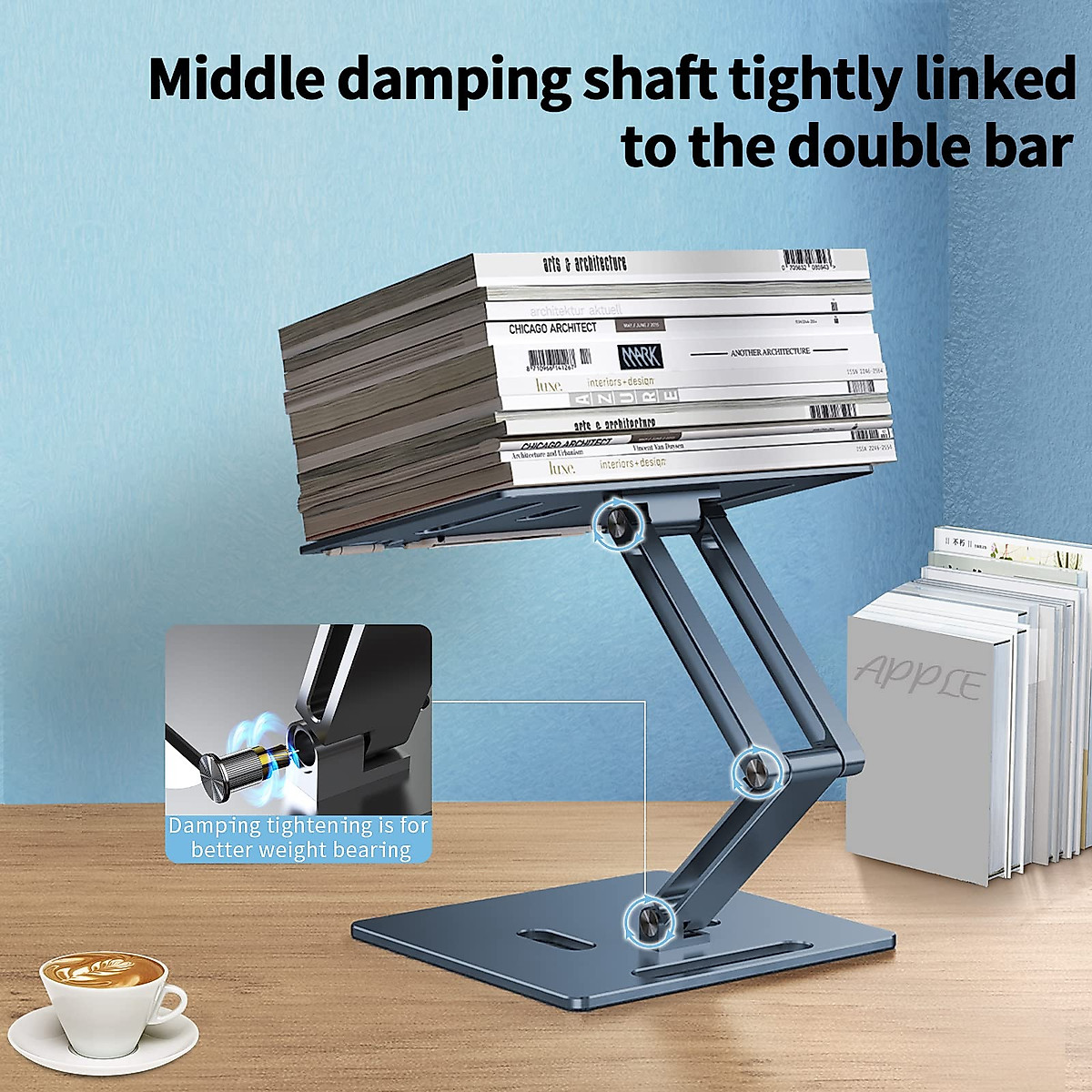 OATSBASF Adjustable Book Stand for Reading, Foldable Book Holder Multi Heights Angles Cooking Bookstands, Laptop Stand, Tablet Stand for Child Textbook/Recipe/Magazine/Pad (Blue Grey)