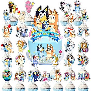 30PCS Blue Dog Cake Cupcake Topper Decorations Cartoon Dog Happy Birthday Party Supplies for Kids Party Favors