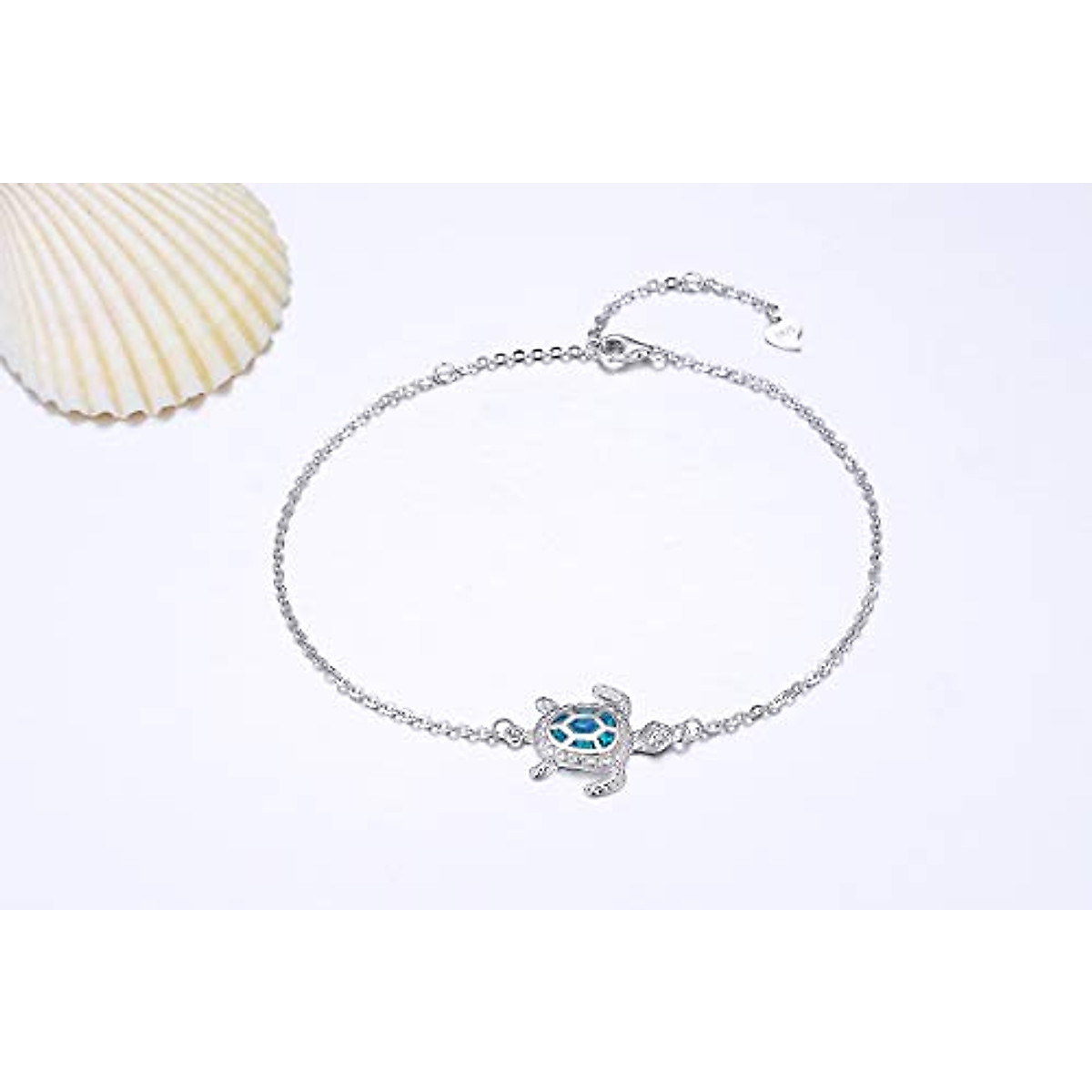 PUPILLEMON Blue Opal Sea Turtle Ankle Sterling Silver Anklet Fine Jewelry for Women Gifts 4 Level Adjustable Anklet (Large Bracelet)