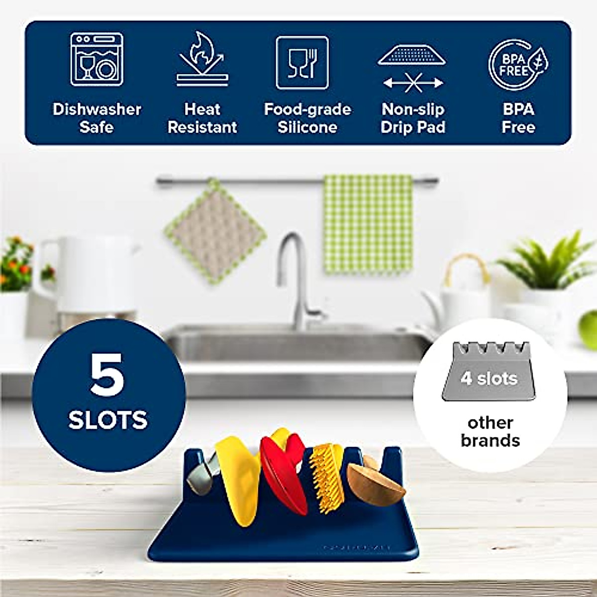 Silicone Spoon Rest Holder for Stove Top, Silicon Utensil Rests for Kitchen Countertop, Large Heat Resistant Spatula Spoon Reat for Cooking with 5 Slots with Drip Pad BBQ Utensil Holder (Sapphire)