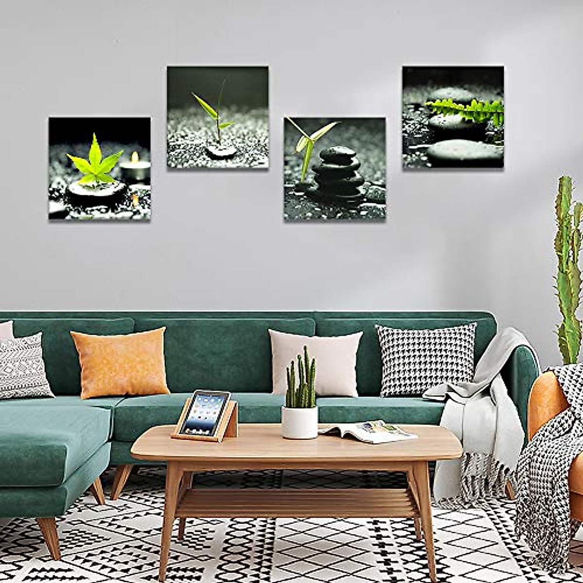 Artscope 4 Pieces Canvas Prints Wall Art - Green Leaf Raindrops and Stones Picture Painting- Modern Wall Artwork Framed for Bathroom Home Office Decor - 12 x 12 Inch