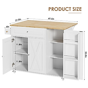 BOTLOG Kitchen Island with Storage, Island Table on Wheels with Drop Leaf, Spice Rack, Drawer, Towel Rack, Rolling Kitchen Island Cart for Dinning Room, White 15.7-27.55" D x 47.63" W x 35.43" H