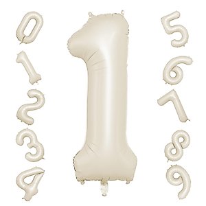 40 Inch Cream Number 1 Balloon, Beige Large 1st Birthday Balloons, Digital 1 Cream White Giant 1 Foil Balloon Helium for 1st Birthday Decorations First Year Boys Girls Baby Shower Party Supplies