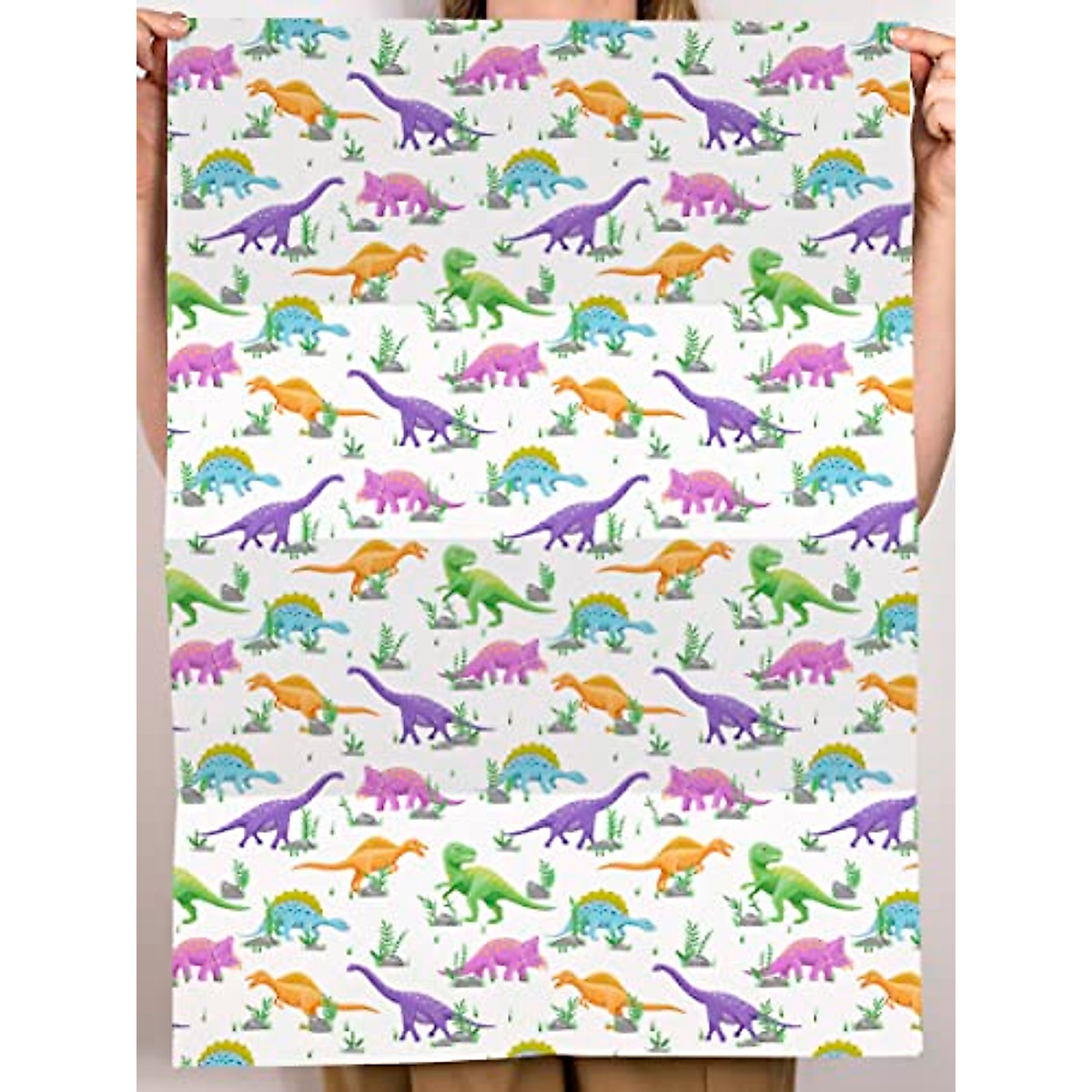 CENTRAL 23 Dinosaur Wrapping Paper Birthday Boy Girl - 6 White Gift Wrap - Cute Wrapping Paper For Kids - Pink Purple Orange Dinosaurs - Comes With Fun Stickers