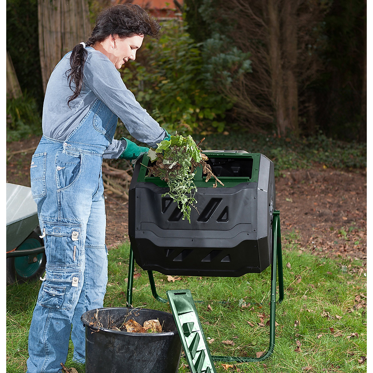 Exaco Trading Company Exaco Mr.Spin Compost Tumbler - 160 Liters / 43 Gallon, Dual Chamber Composter On Two-Leg Stand,Green/Black