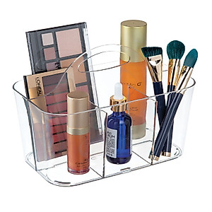 mDesign Plastic Makeup Storage Organizer Caddy Tote, Divided Basket Bin, Handle for Bathroom, Holds Eyeshadow Palettes, Nail Polish, Brushes, Shower Essentials, Small, Lumiere Collection - Clear