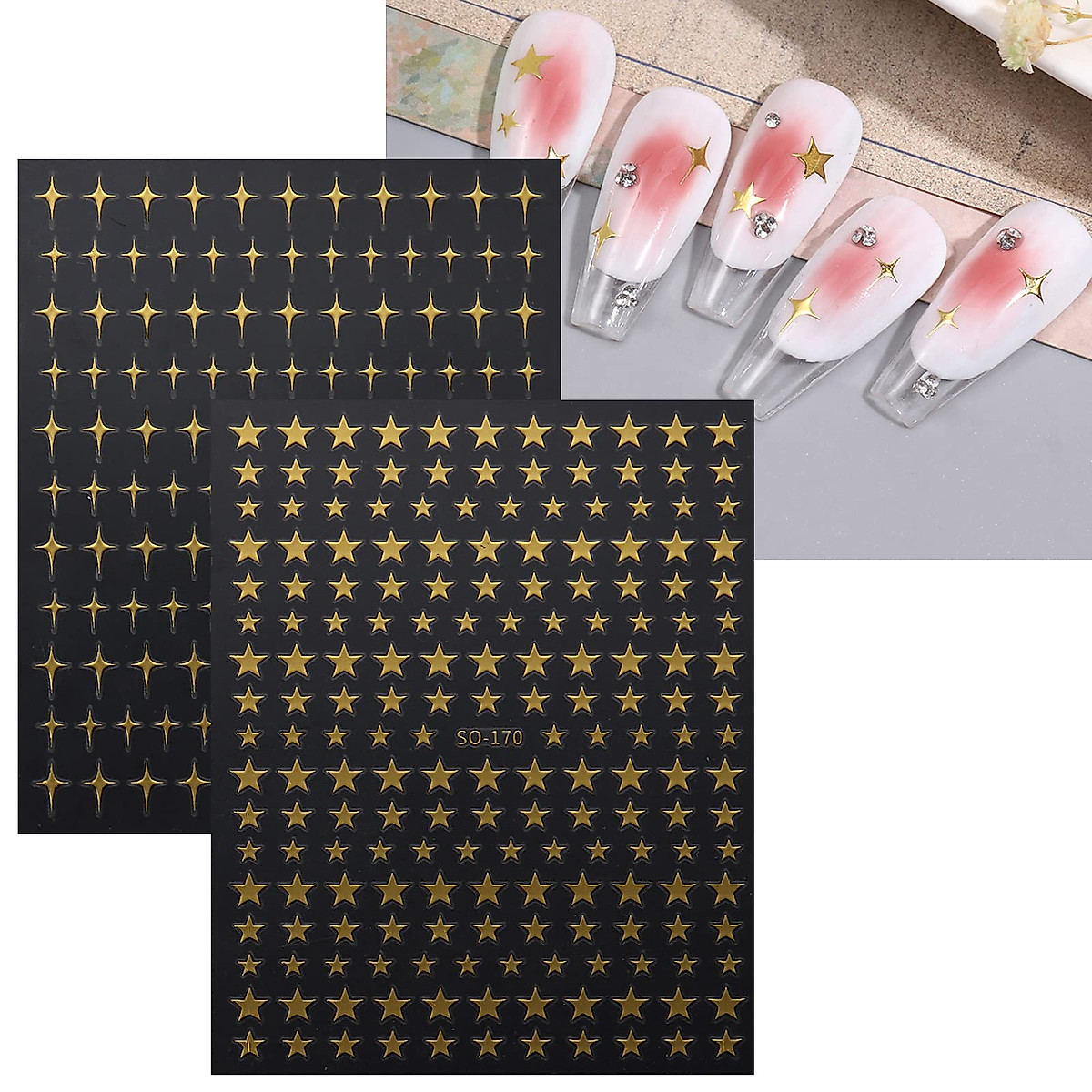 JMEOWIO 12 Sheets Colorful Star Nail Art Stickers Decals Self-Adhesive Pegatinas Uñas Silver Nail Supplies Nail Art Design Decoration Accessories