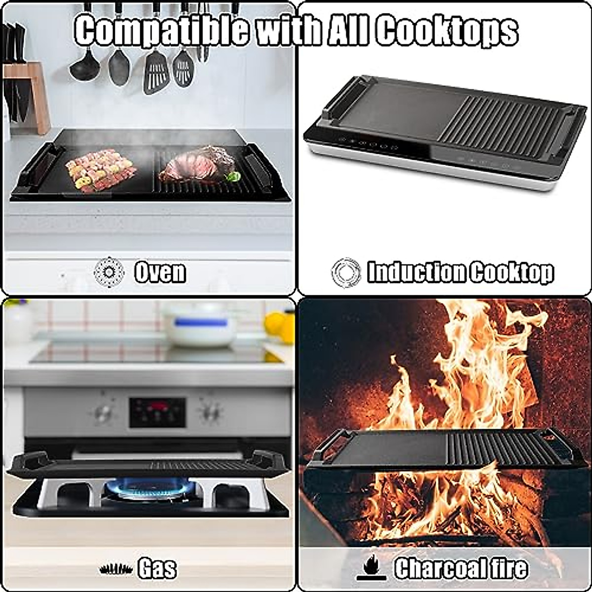 CUKOR Cast Iron Griddle, Stove Top & Gas Grill Double Burner, 17.13" x 9.06" Pre-Seasoned Indoor/Outdoor