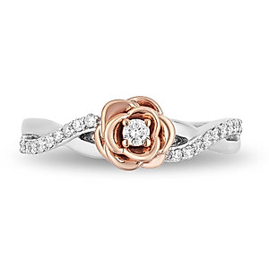 Jewelili Enchanted Disney Fine Jewelry Sterling Silver and 10K Rose Gold 1/5 Cttw Belle Rose Ring Size 8