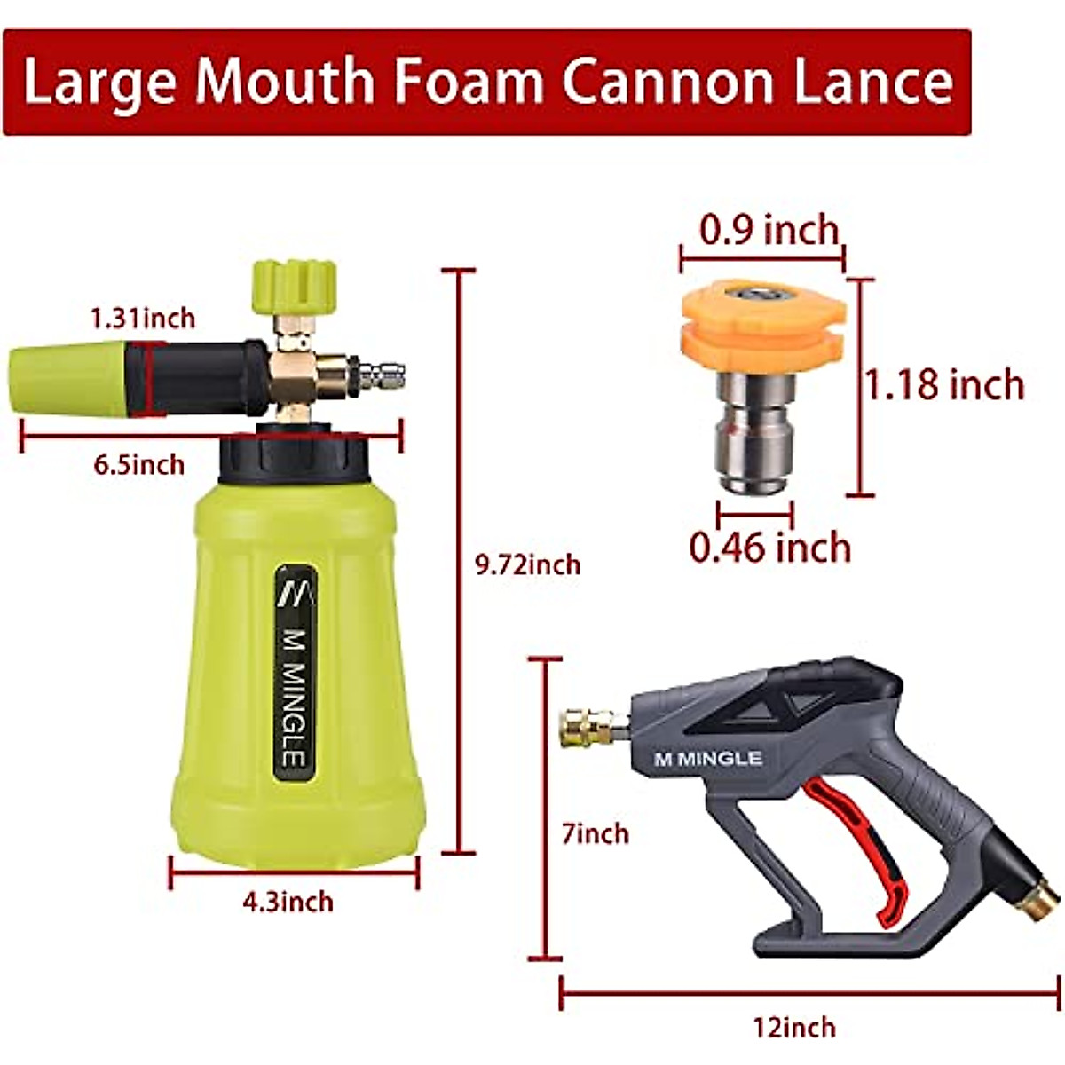 M MINGLE High Pressure Washer Gun Snow Foam Lance, 4000 PSI Cannon Foam Blaster Power Washer with 1/4" Quick Connector, Car Wash Foam Cannon Kit with 5 Pressure Washer Nozzle Tips, 1 Liter