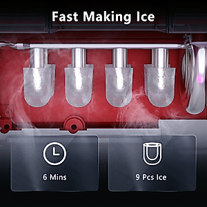 Antarctic Star Countertop Ice Maker Portable Ice Machine with Handle,Self-Cleaning Ice Makers, 26Lbs/24H, 9 Ice Cubes Ready in 6 Mins, S/L ice, for Home Kitchen Bar Party (Red)
