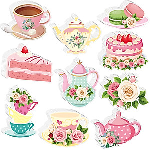 Tenceur 80 Pcs Tea Party Decorations Cutouts for Craft Tea Party Supplies Vintage Floral Tea Time Sign Glue Point Dots for Tea Party Bridal Shower Birthday Party DIY Classroom Decor