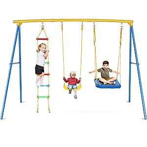 Plohee 3 in 1 Swing Sets for Backyard - 550lbs Heavy Duty Metal Kids Swing Set with Platform Swing Seat, Belt Swing Seat and Climbing Ladder for Playground