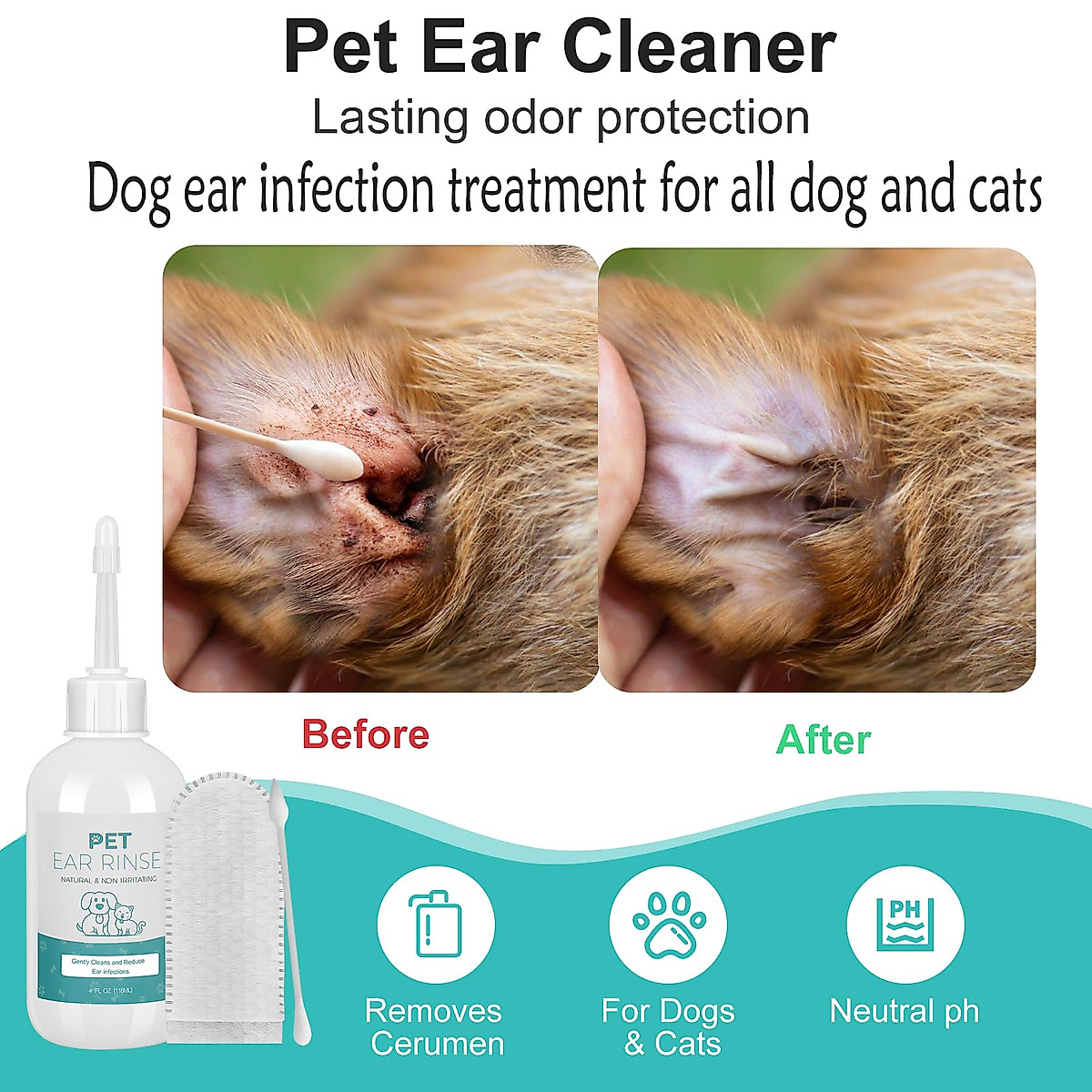Project wine Advanced Dog Ear Cleaner, Gentle Pet Honesty Flush Ear Rinse, Dog Ear Cleaning Solution Tool-Cat Ear Wash- with 20 Cotton Swabs & 20 Finger Wipes, 4 oz