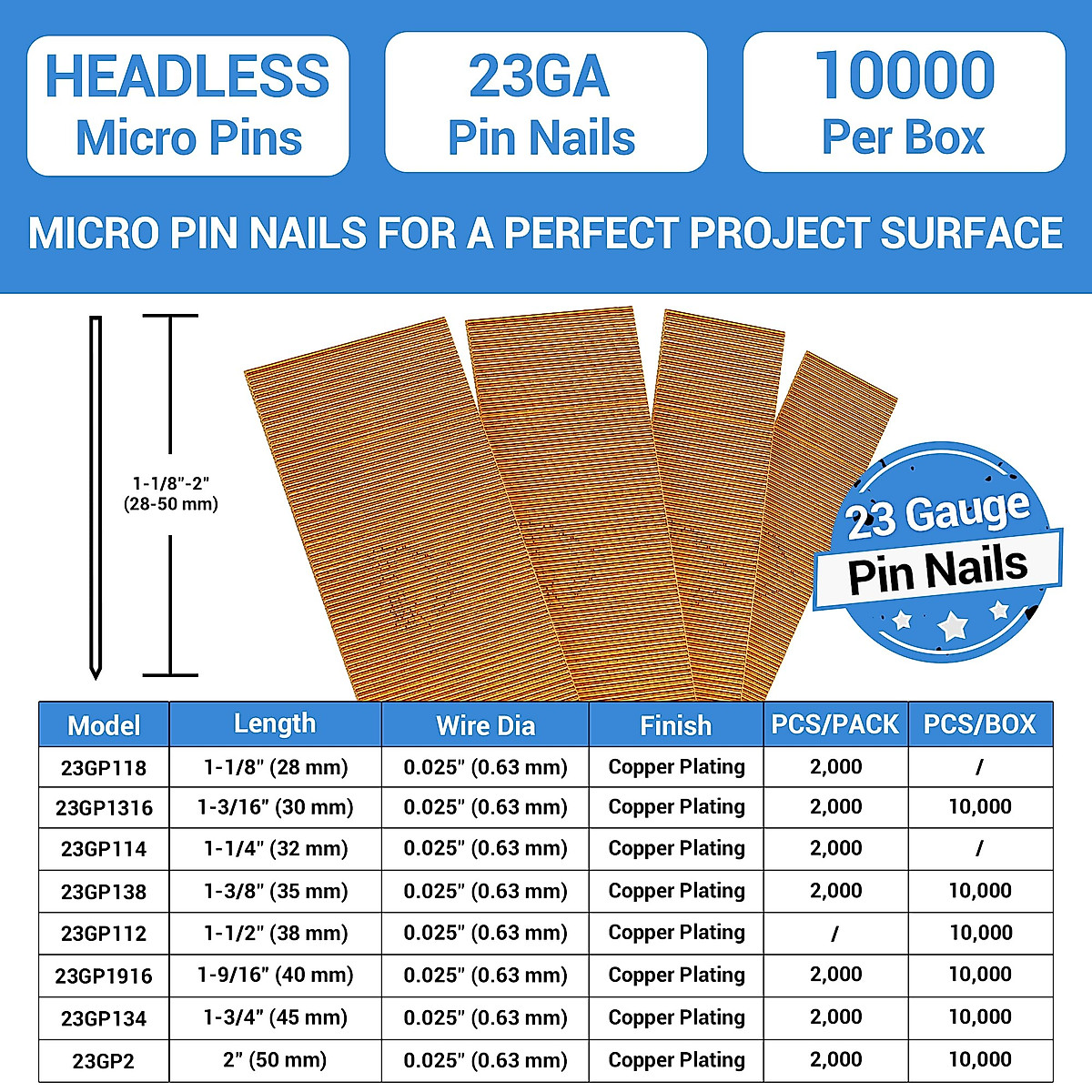 meite 23 Gauge Pin Nails, 1-3/8-Inch Micro Headless Pins for Pin Nailer - Copper Plated Pins Nails for Nail Gun, Ideal for Fine Woodworking and Trim Work (10,000 PCS)