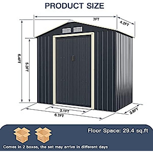 Renatone Outdoor Storage Shed, 7 x 4 FT Galvanized Metal Storage House with 4 Vents & Double Sliding, Steel Utility Tool Shed for Garden, Backyard, Patio