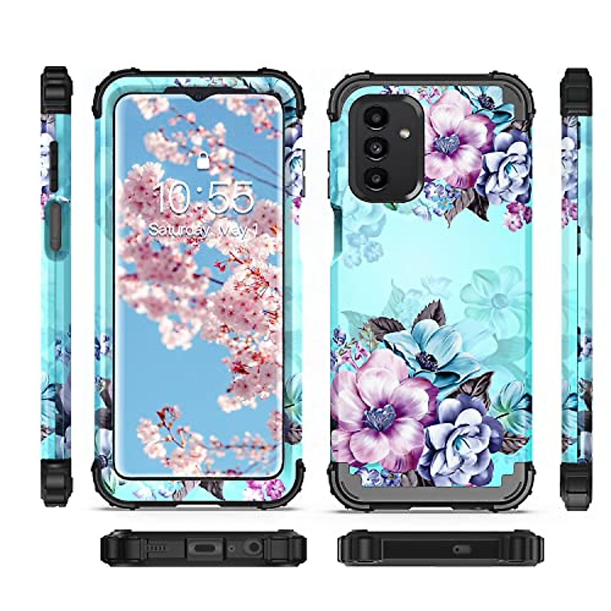 Casetego Compatible with Galaxy A13 5G Case,Floral Three Layer Heavy Duty Sturdy Shockproof Full Body Protective Cover Case for Samsung Galaxy A13 5G,Blue Flower