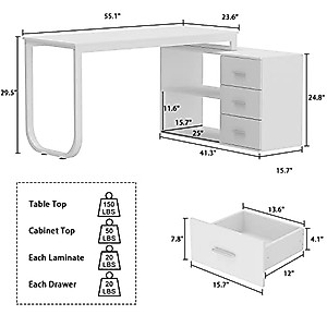 DiDuGo Office Desk with Drawers and Shelves, Home Office Desk L Shaped Desk with Metal Frame, Wood Corner Desk Computer Desk for Office Bedroom White