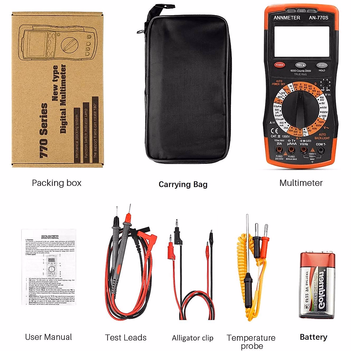ANNMETER Digital Multimeter, AUTO-Ranging 6000 Counts TRMS DC&AC Vlotmeter Ohm Amp Resistance Capacitor Meter, Measures Frequency Duty Cycle Temp Transistor hEF AN-770S