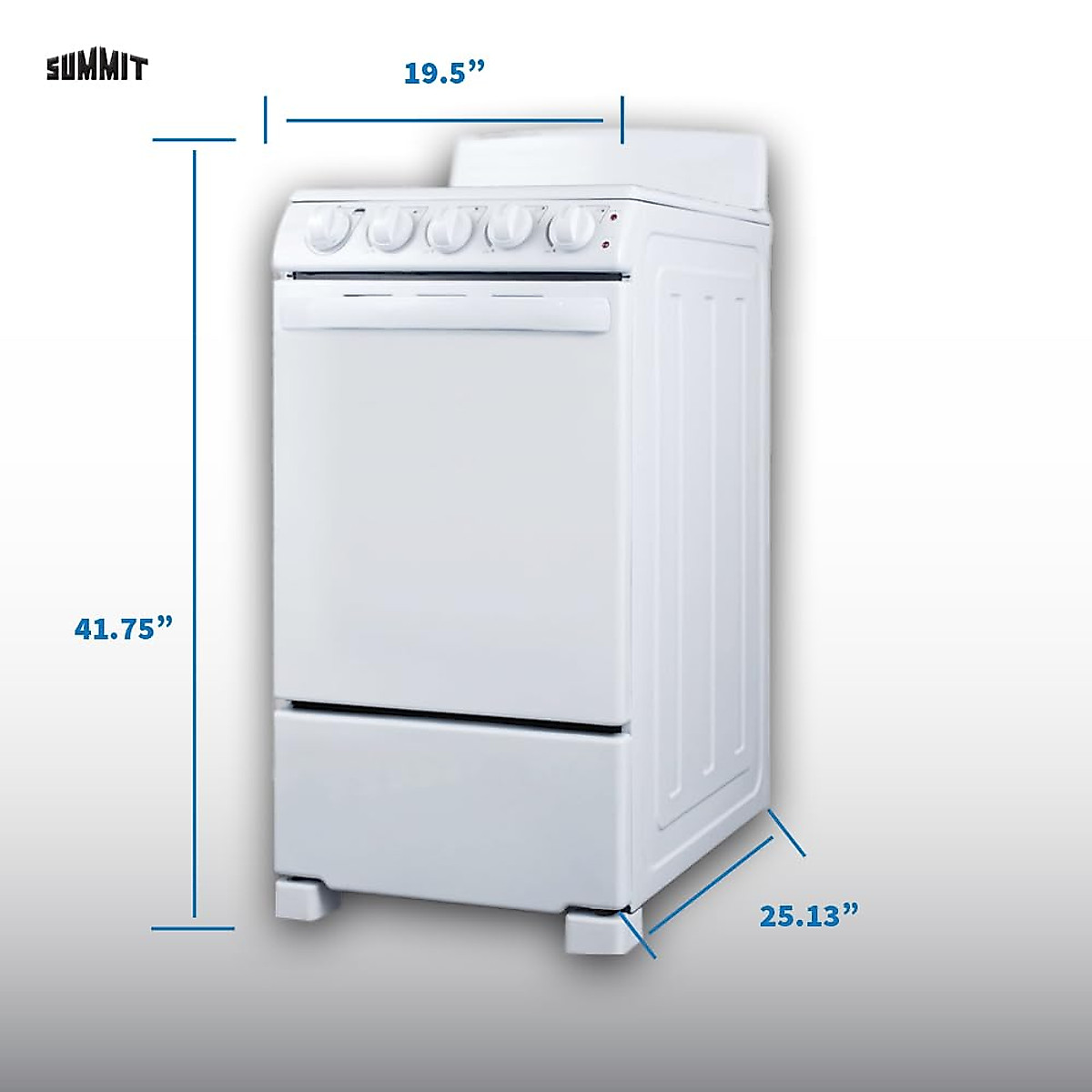 Summit 20" Electric Range, 220V 4 Burner Range, 2.3 cu.ft. oven, White- RE203W