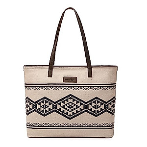 Wrangler Tote Purse Bag Aztec Canvas Shoulder Bags Native American Western Handbags for Women Genuine Leather Strap Hobo Bag WG53-8112TN