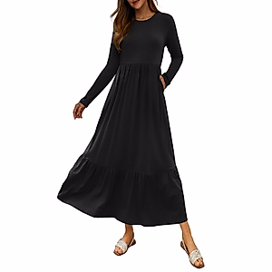 LILLUSORY Womens Long Sleeve Crewneck Ruffle Swing Midi Dress 2023 Fall Casual Loose Tiered Maxi Dresses with Pockets Black