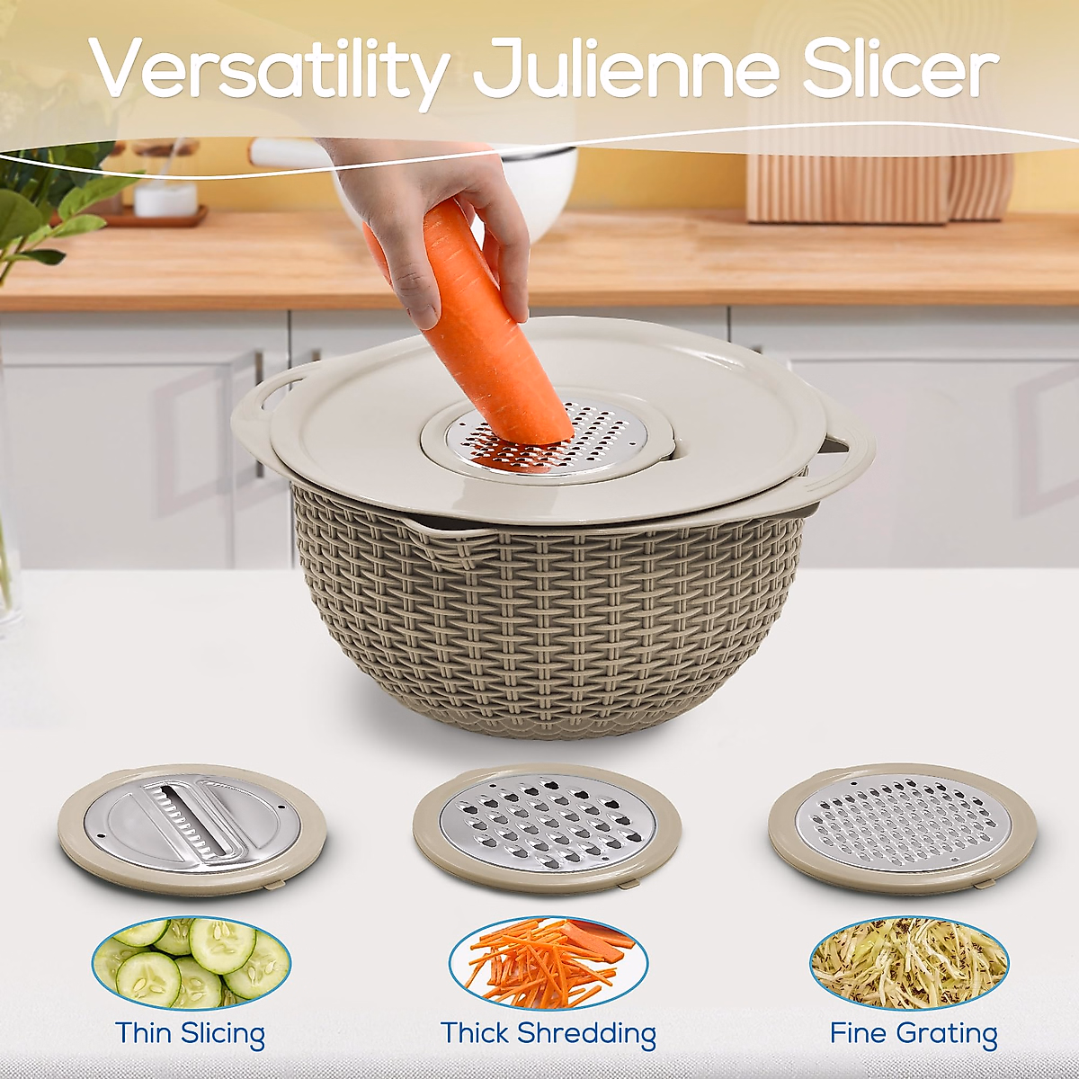 4-1 Colander with Mixing Bowl Set, 2024 New Food Strainers and Colanders Set for Kitchen, Pasta Rice Strainer, Fruit and Veggie Washer, Salad Spinner, Kitchen Essentials Strainer Basket Bowl, Beige