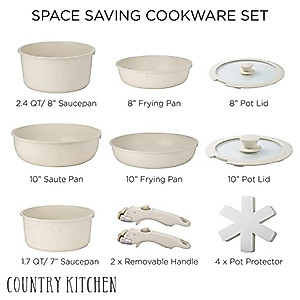 Country Kitchen 13 Piece Pots and Pans Set - Safe Nonstick Kitchen Cookware with Removable Handle, RV Cookware Set, Oven Safe (Cream)