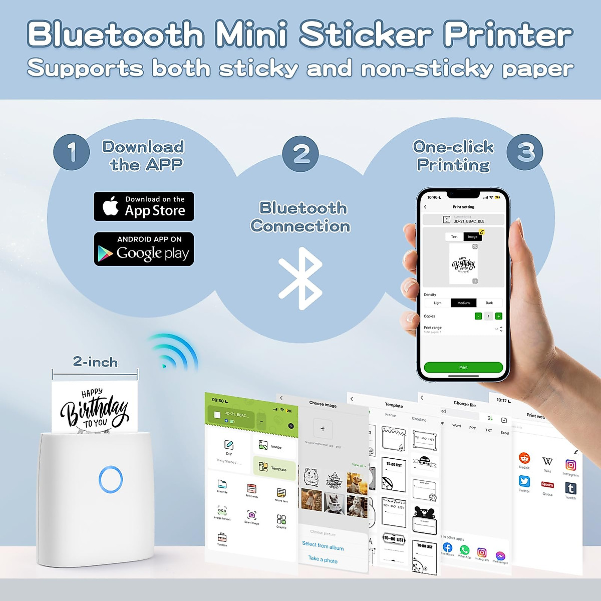 Gloryang Mini Printer, 2 Inch Bluetooth Pocket Printer Compatible with Android & iOS, Sticker Printer Maker for Study Notes, Portable Inkless Printer for Photos, DIY, Journals, White