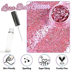 Laza Body Glitter, 2 Jars Iridescent Chunky Sequins with Glitter Glue Perfect for Women Eyeshadow Makeup Face Paint Festival Rave Outfits Hair Concert Accessories Carnival Party Costumes - Pink
