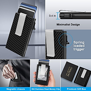 Minimalist Wallet for Men - with Money Clip, Slim Wallet Card Case Holder, Aluminum Pop Up Wallets with Gift Box, Metal Mens Wallet, RFID Blocking, Top-Grade Carbon Fiber Leather | 8 Card Capacity