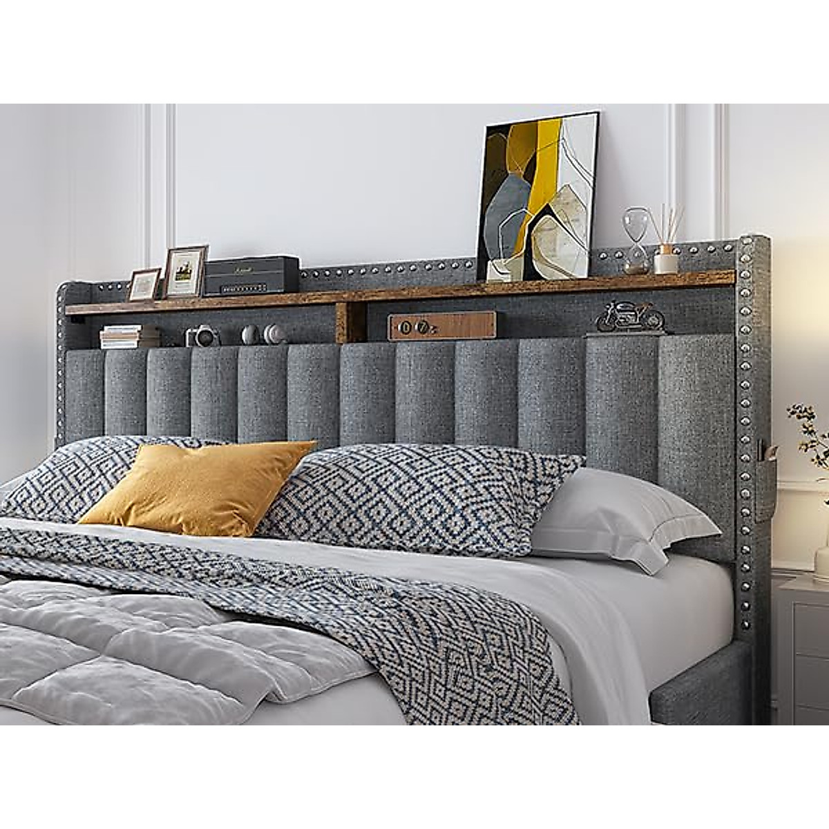 EnHomee Queen Bed Frame with 3 Drawers Upholstered Bed Frame Queen Size with Headboard, Queen Size Bed Frame, Queen Bed Frame with Storage, No Box Spring Needed, No-Noise, Easy Assembly, Grey