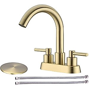 TRUSTMI Bathroom Faucet 2 Handle Bathroom Sink Faucet in Brushed Gold 4 Inch Centerset Lavatory Vanity Faucet with Overflow Pop Up Drain and cUPC Water Supply Lines, Spot Resist Bathroom Faucet Gold