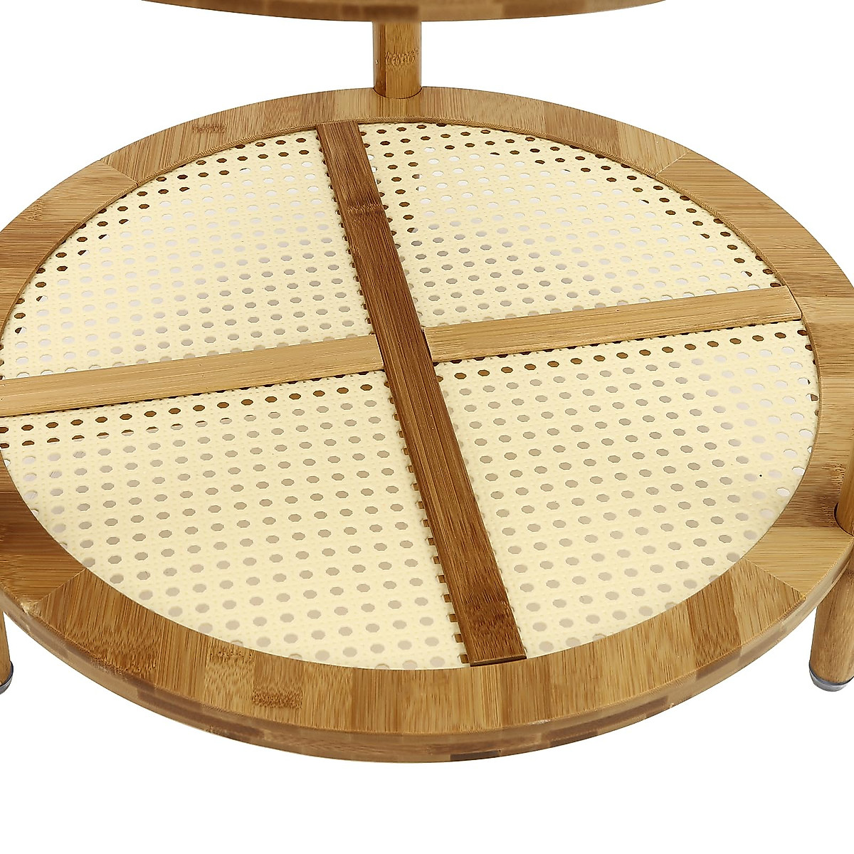 PaNeTnya 22 inch Bamboo Side Table End Table,2 Tier Round Side Table with Rattan Shelf and Glass Tabletop,Coffee Table for Living Room,Dining Room and Bedroom