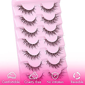 Wispy Lashes Natural Look False Eyelashes Clear Band Fluffy Faux Mink Cat Eye Lashes Pack 15mm 3D Light Fake Lashs that look like Extensions Soft Curly Lash Strips 7 Pairs