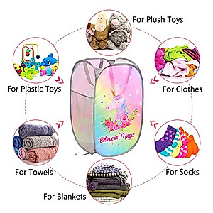 Basumee Kids Laundry Hamper Collapsible Laundry Baskets Pop Up Hamper Mesh Dirty Clothes Laundry Basket Foldable Hampers with Side Pocket for Nursery Room, Rainbow Unicorn