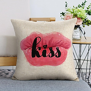 Pink Lipstick Watercolor Throw Pillow Covers 18×18 Pillowcases Set of 1 Kiss Valentine Mouth Linen Decorative Square Pillow Case Cushion Covers Standard Size for Sofa Couch Outdoor Bed Pillow Protecto