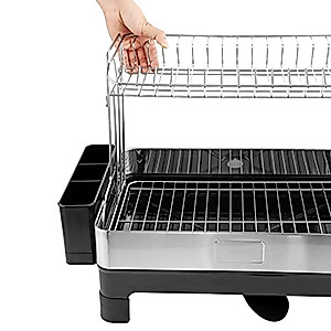 happimess DSH1004A Simple 20.75' Fingerprint-Proof Stainless Steel 2-Tier Dish Drying Rack, Dish Rack with Swivel Spout Tray, Utensil Holder, Stainless Steel/Black, Silver/Black