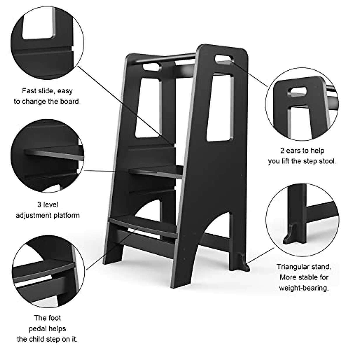 MOAMUN Wooden Step Stool for Kids, Adjustable Height Toddler Learning Helper Tower with Handle, Solid Wood Step Stool for Kitchen,Bathroom,Bedroom (Black)