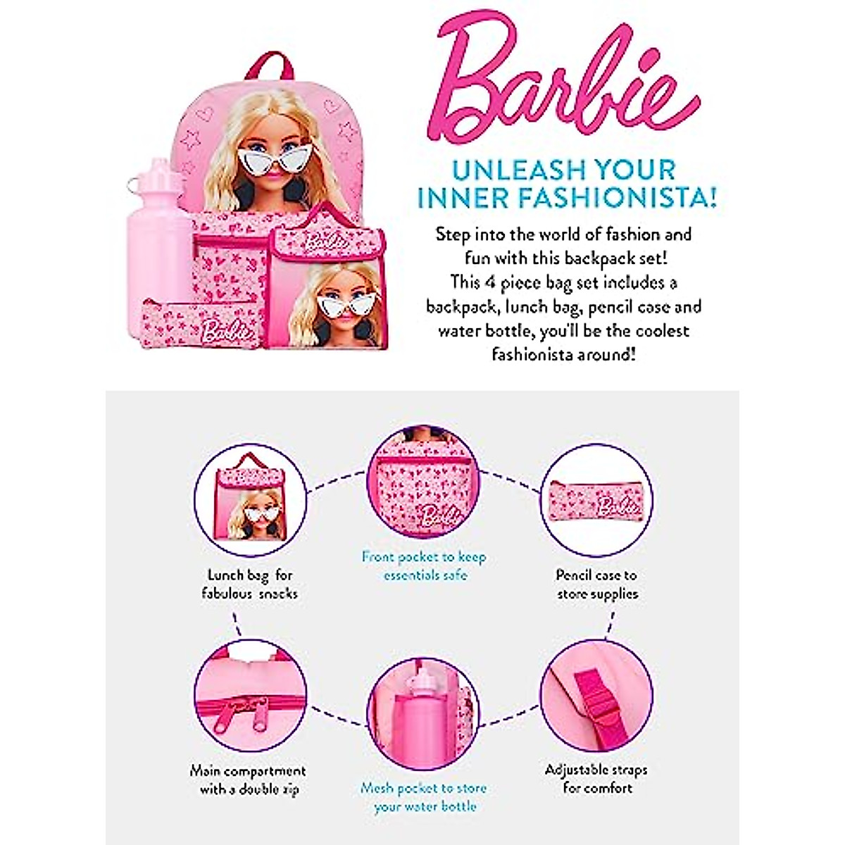 Barbie Backpack 4 Piece Set | Girls School Bag Set | Girls Backpack, Lunch Bag, Water Bottle and Pencil Case Set | Childrens Backpack | Pink