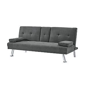 DKLGG Convertible Futon Sofa Bed, Upholstered Sofa Couch, Recliner Loveseat Folding Daybed with 2 Cup Holders and Removable Armrests Sleeper Sofa for Small Space, Home, Living Room, Dark Gray